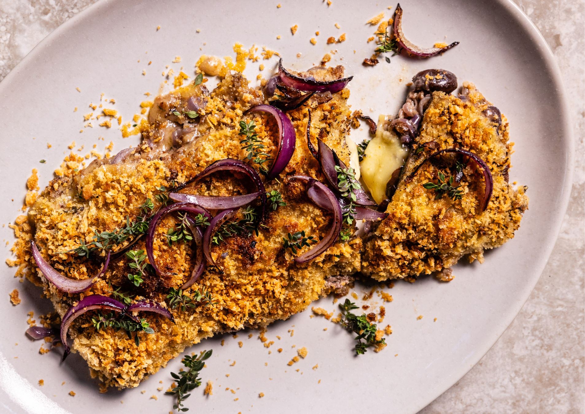 Beef Schnitzel filled with Red Onion, Harvarti & Olives | Westgold NZ