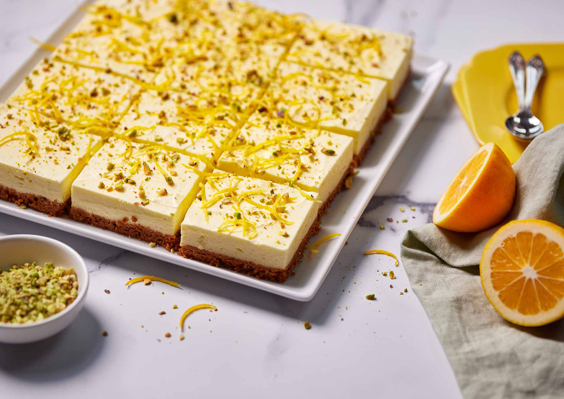 Lemon Pistachio Cardamom Cheesecake Bars Recipe | Westgold NZ